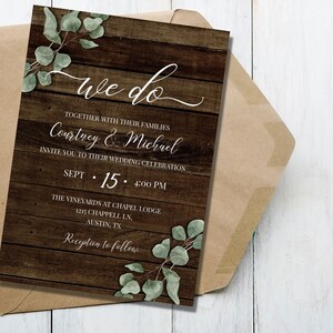 Rustic Dark Wooden Wedding Invitation Template, Greenery and Wood ...