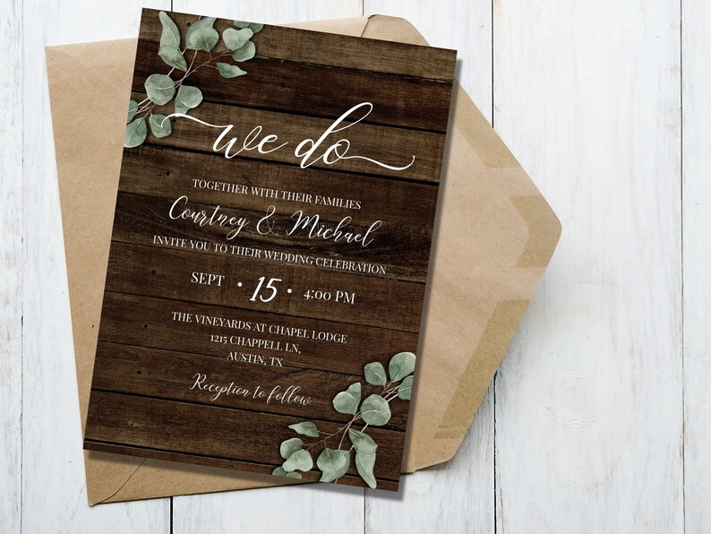 Rustic Dark Wooden Wedding Invitation Template Greenery and - Etsy