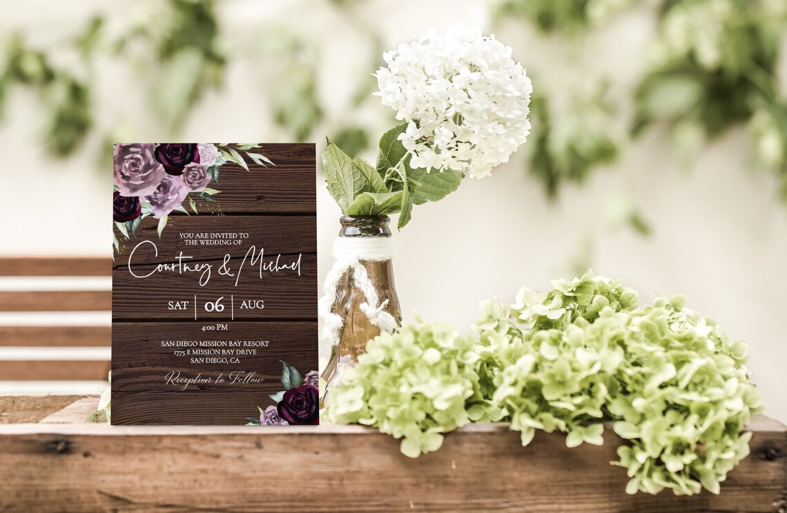 Rustic Purple Wooden Wedding Invitation Set, Deep Purple and Mauve ...