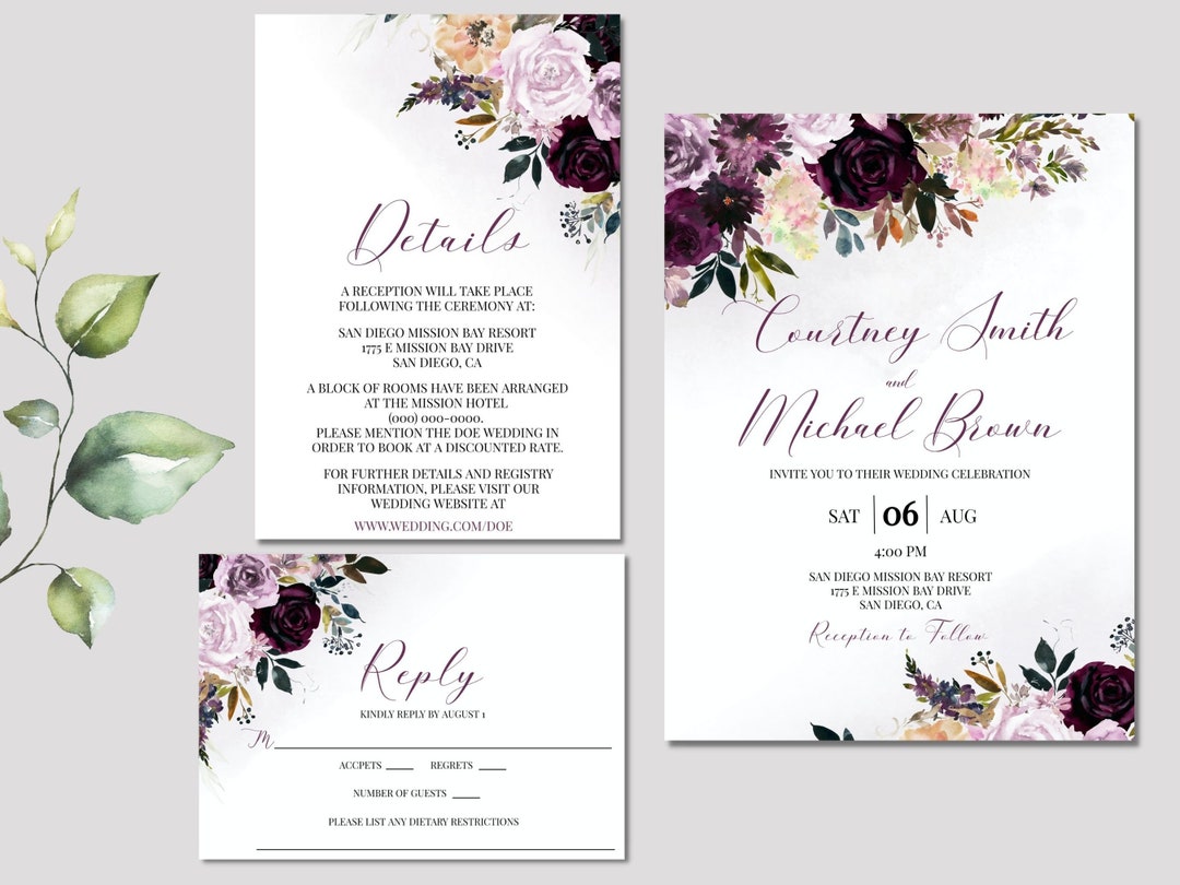 Dark Purple and Mauve Wedding Invite Set, Purple Wedding Invitation ...