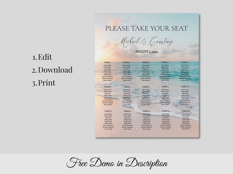 Beach Wedding Seating Chart Template, Printable Ocean Seating Chart ...