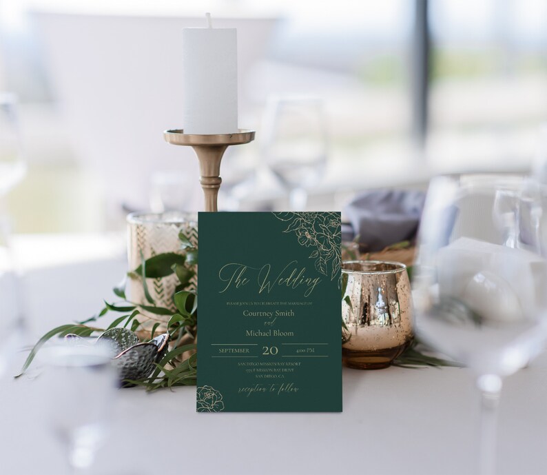 Emerald and Gold Floral Wedding Invitation Set Printable Deep - Etsy