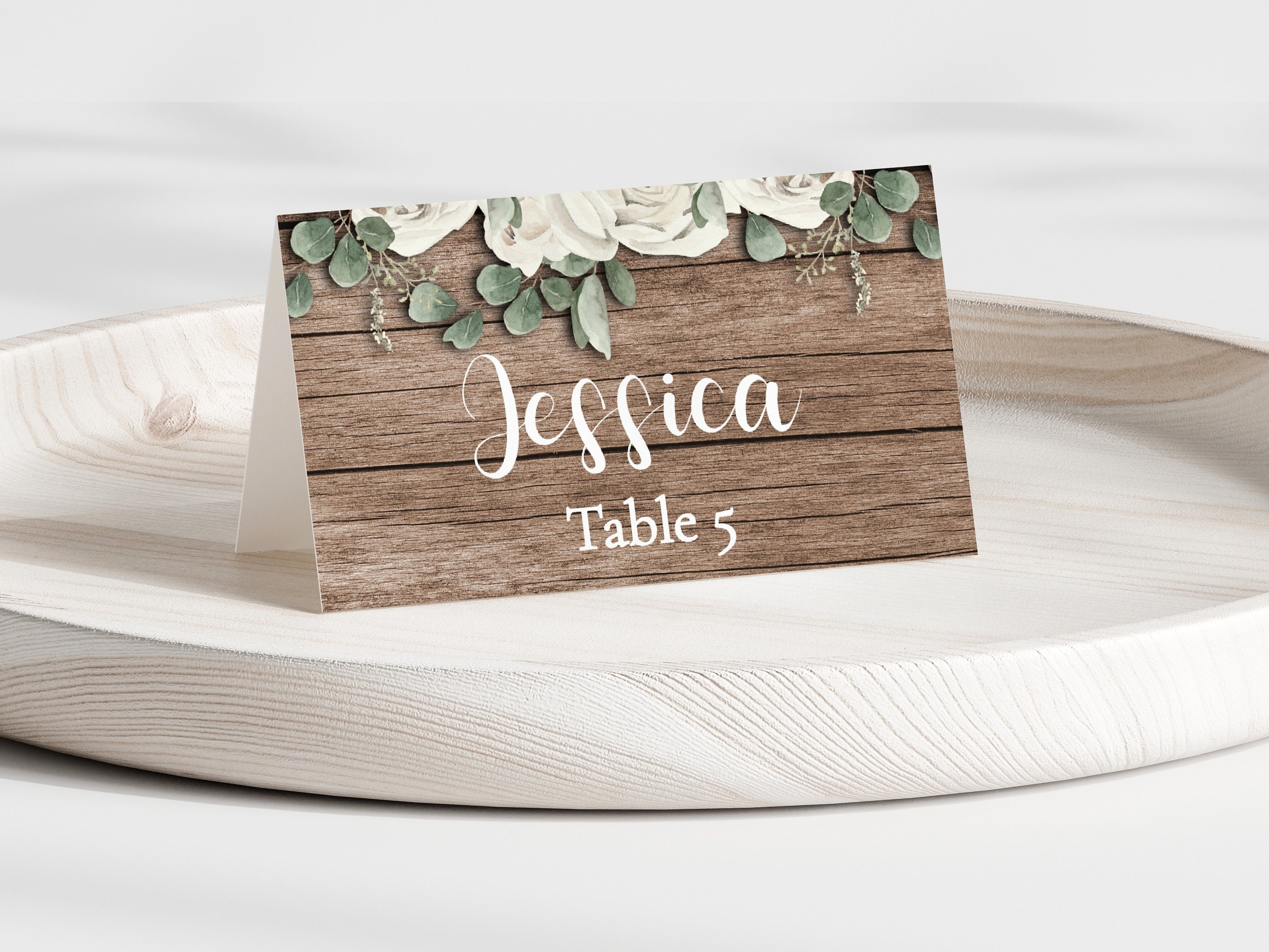 Rustic Wooden Wedding Name Card Template, White Floral and Greenery ...