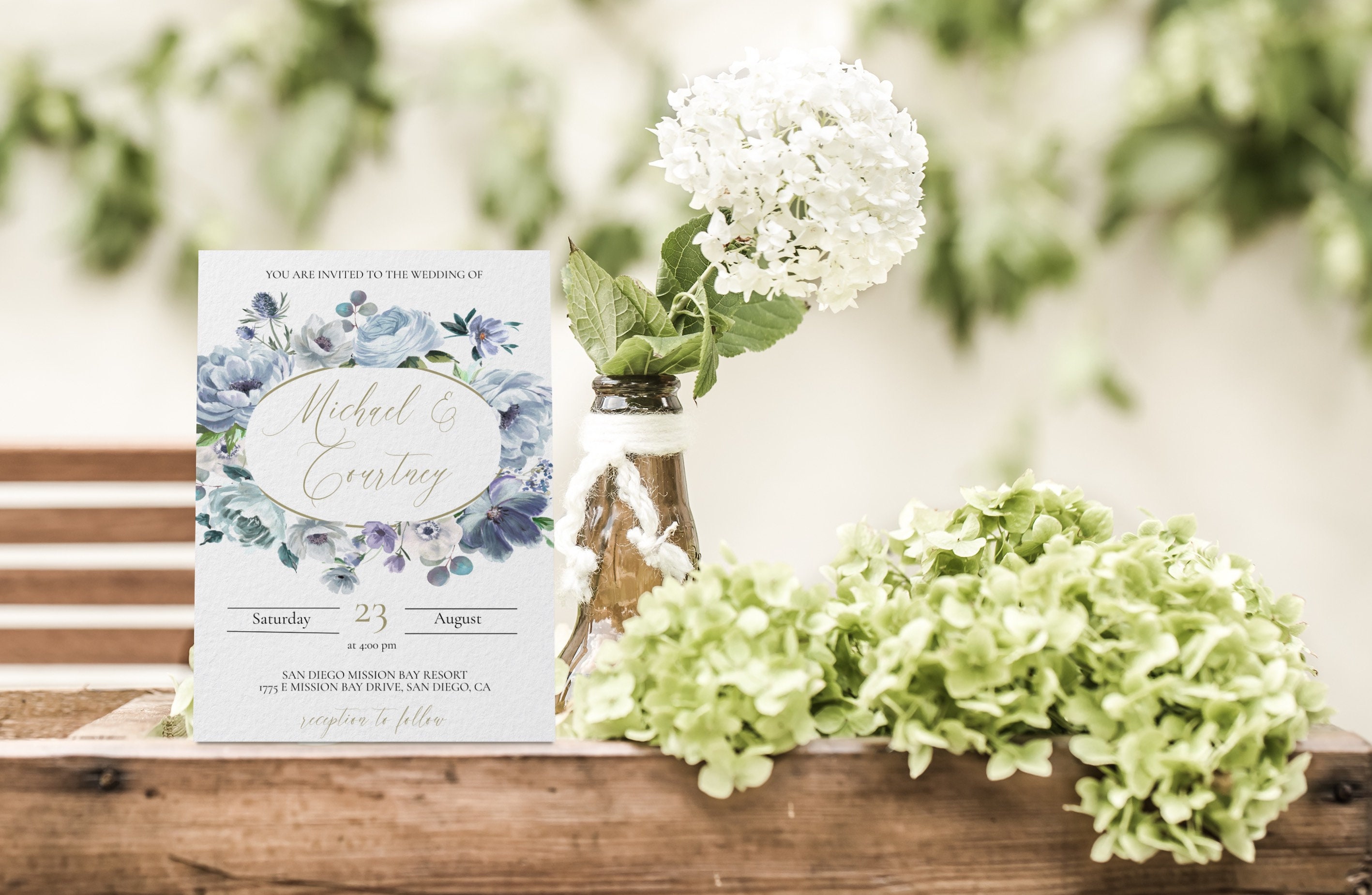 Blue and Gold Floral Wedding Invitation Set, Printable Dusty Blue ...