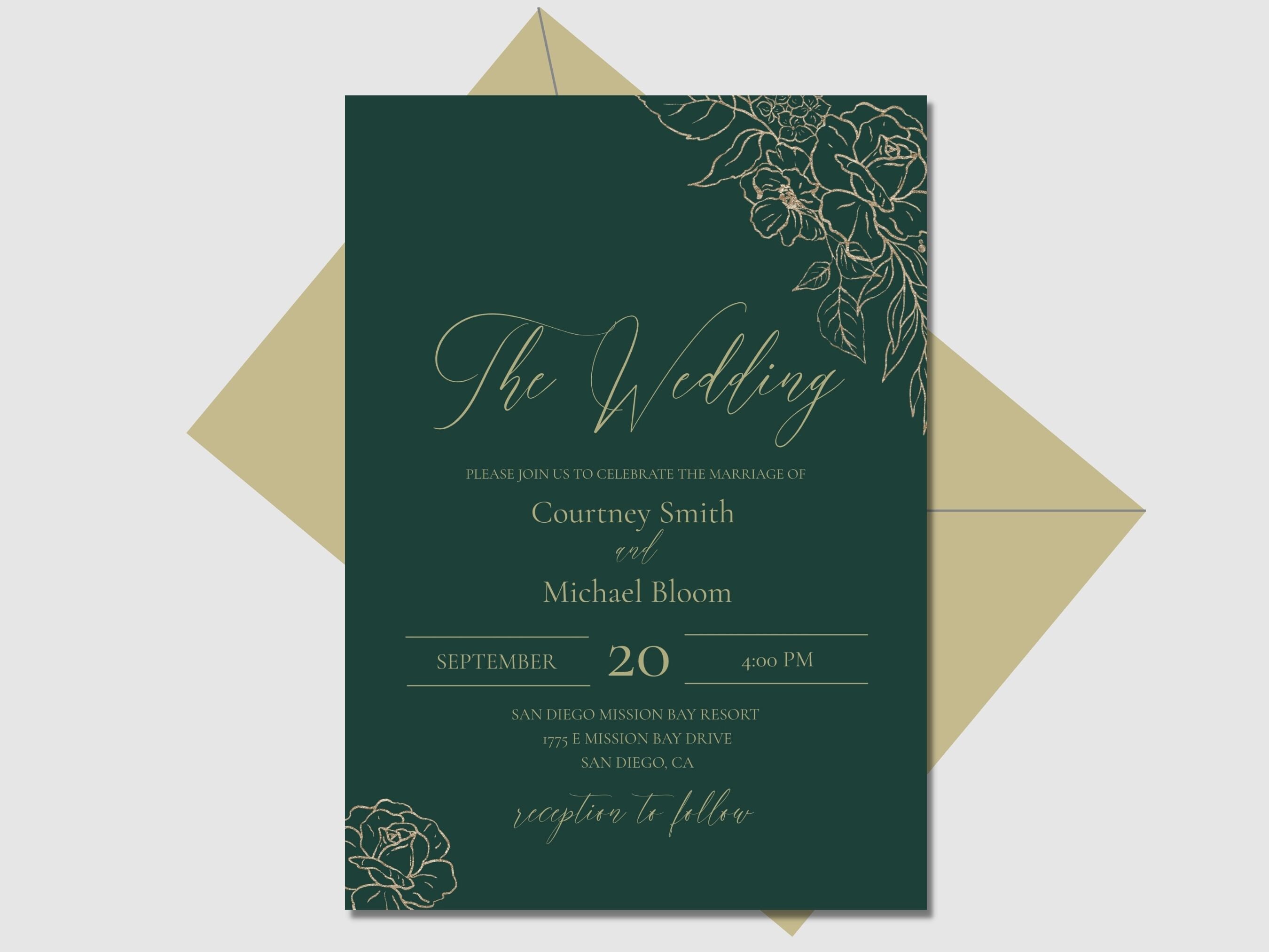 Emerald and Gold Floral Wedding Invitation Set, Printable Deep Green ...