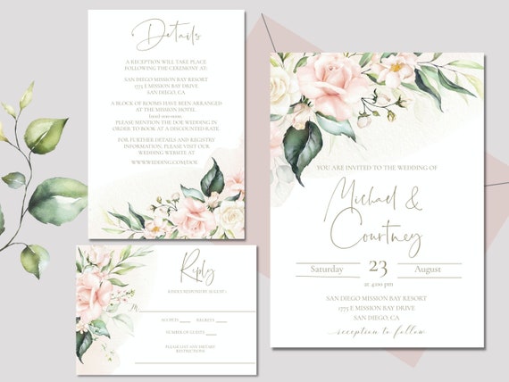 Blush Greenery Wedding Invitation Set Printable Blush and - Etsy