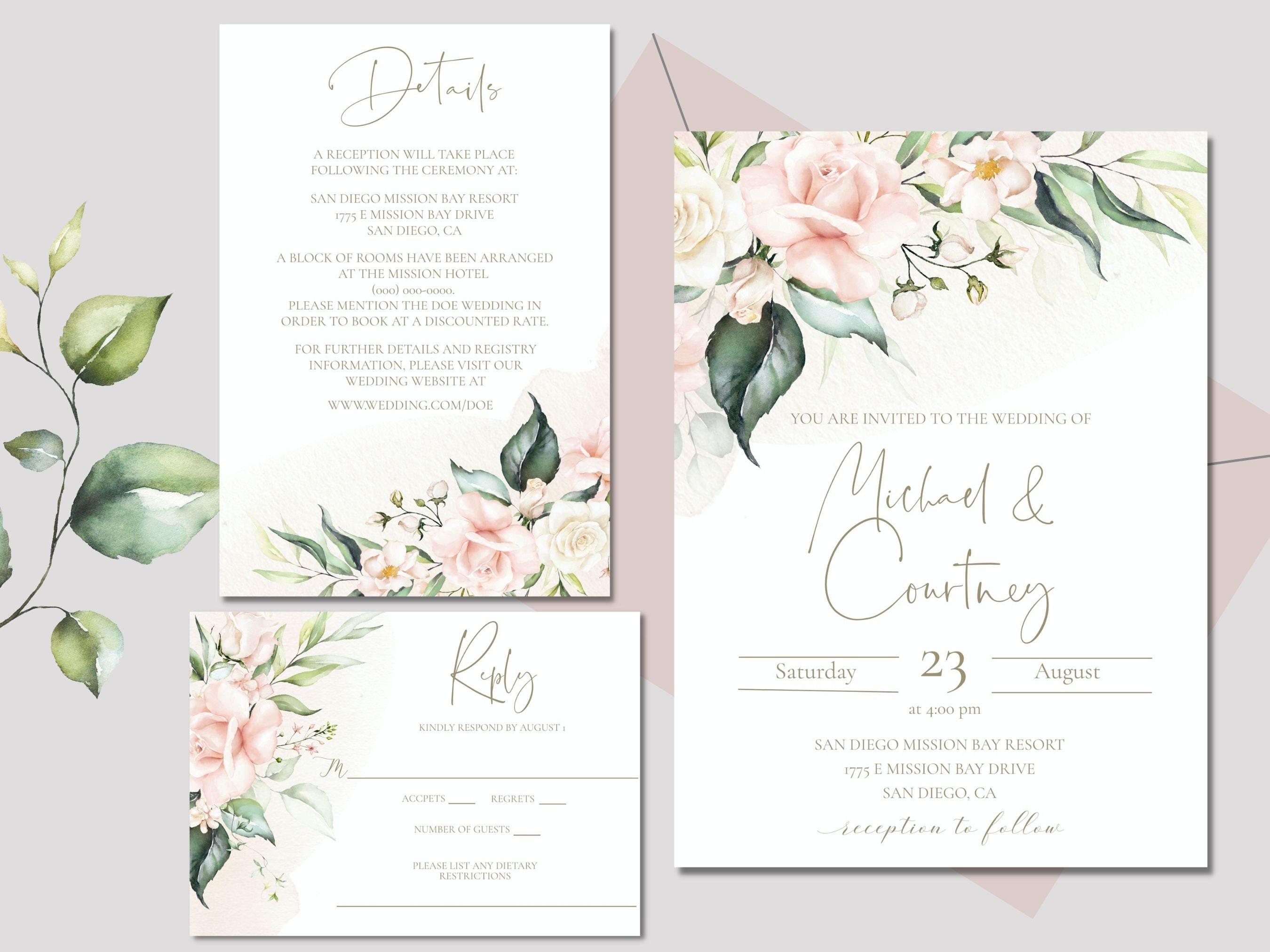 Blush Greenery Wedding Invitation Set, Printable Blush and Sage Wedding ...