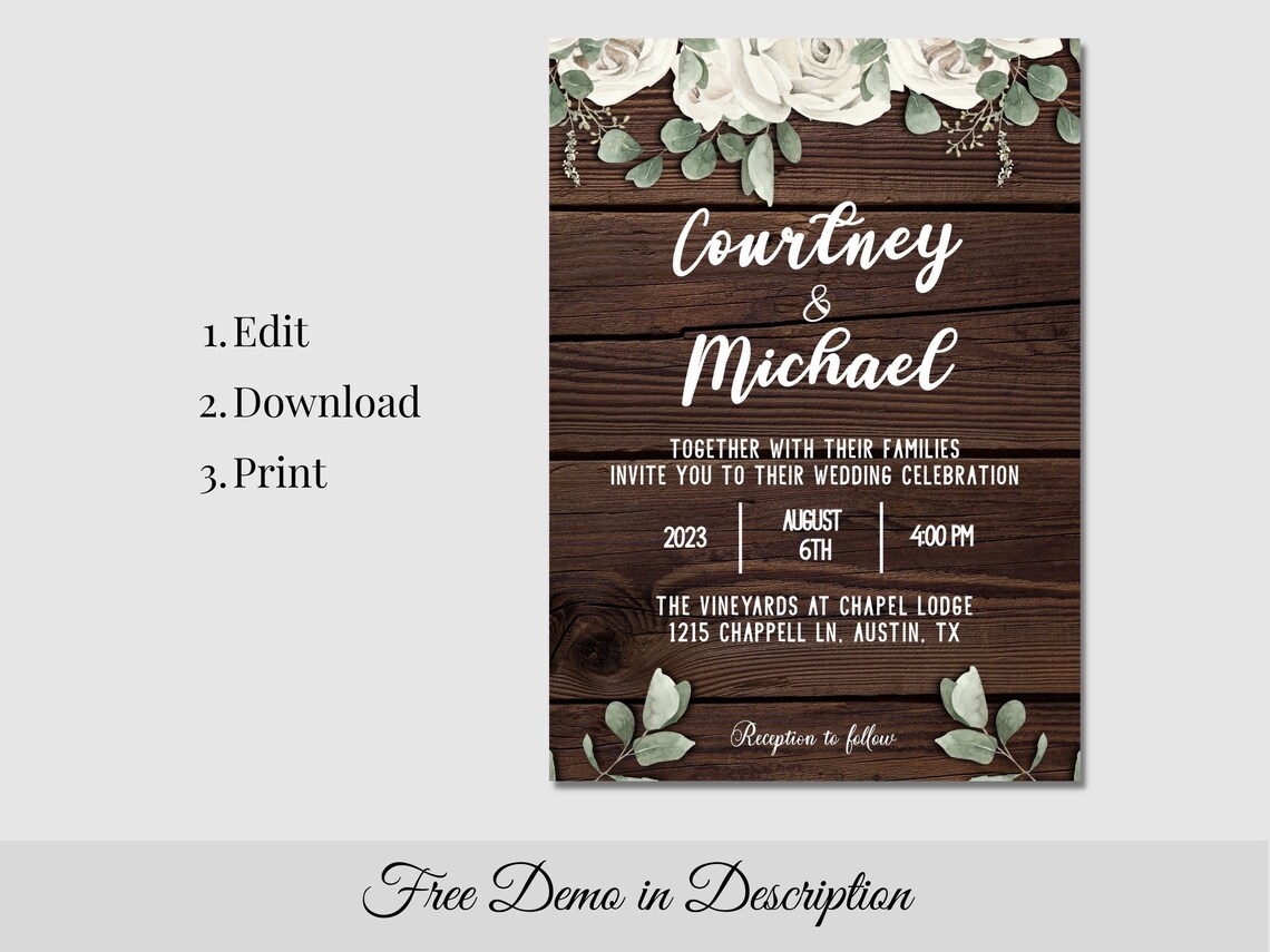 Rustic Wooden Wedding Invitation, Printable Wood and White Floral ...