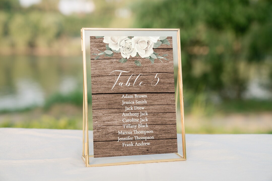 Rustic Wooden Table Number With Names, White Floral and Greenery ...