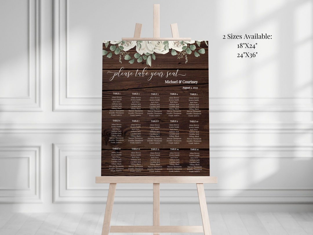 Rustic Wooden Wedding Seating Chart Template, White Floral and Wood ...