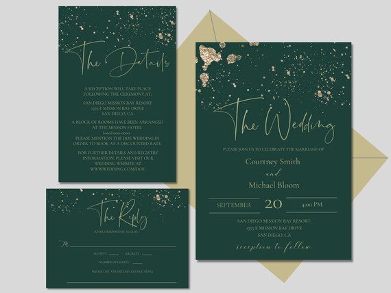 Emerald and Gold Wedding Invitation Set Printable Dark Green - Etsy