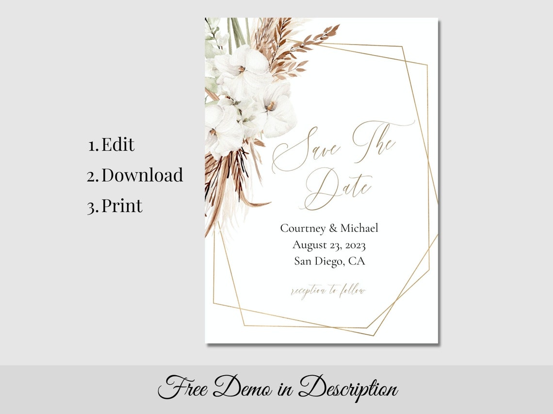 Boho Pampas Save the Date Template, White and Brown Bohemian Save the ...