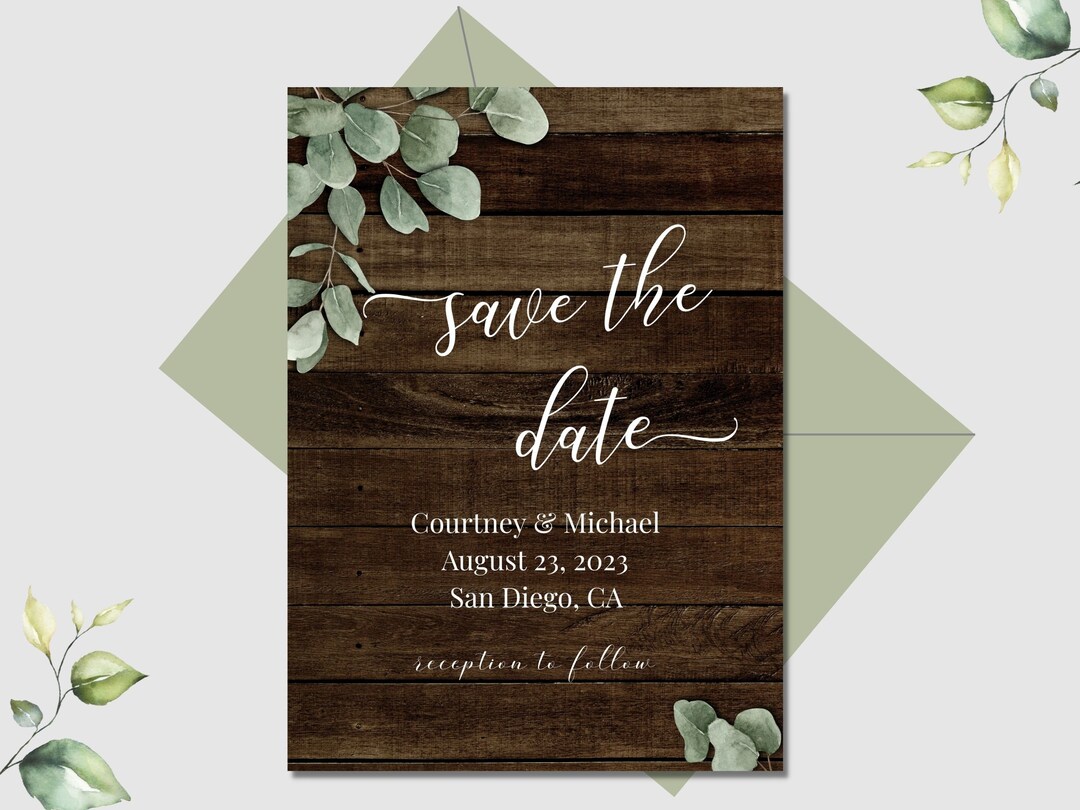 Rustic Wooden Save the Date Template, Dark Wood and Eucalyptus Greenery ...