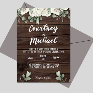 Rustic Wooden Wedding Invitation, Printable Wood and White Floral ...
