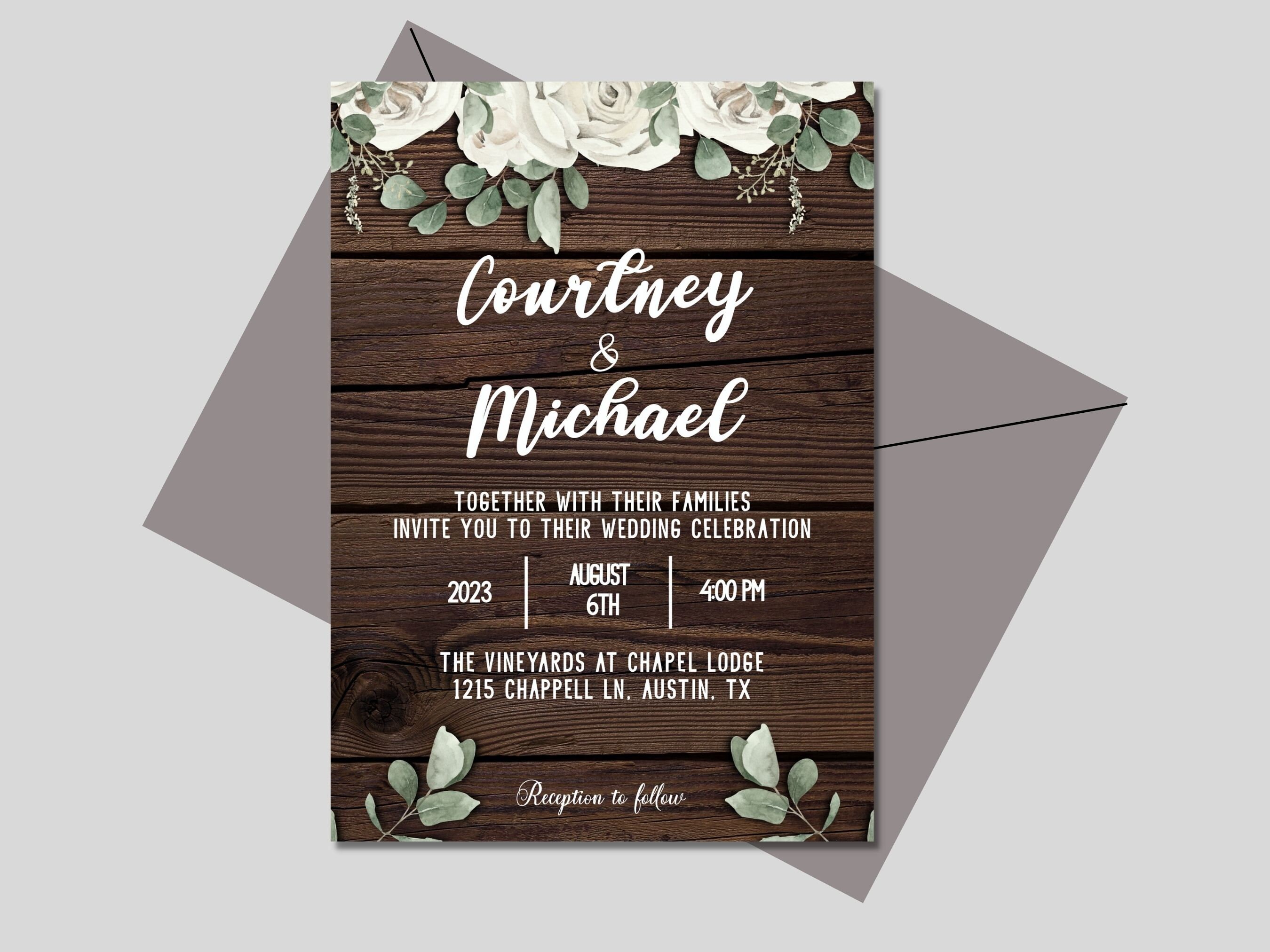 Rustic Wooden Wedding Invitation, Printable Wood and White Floral ...
