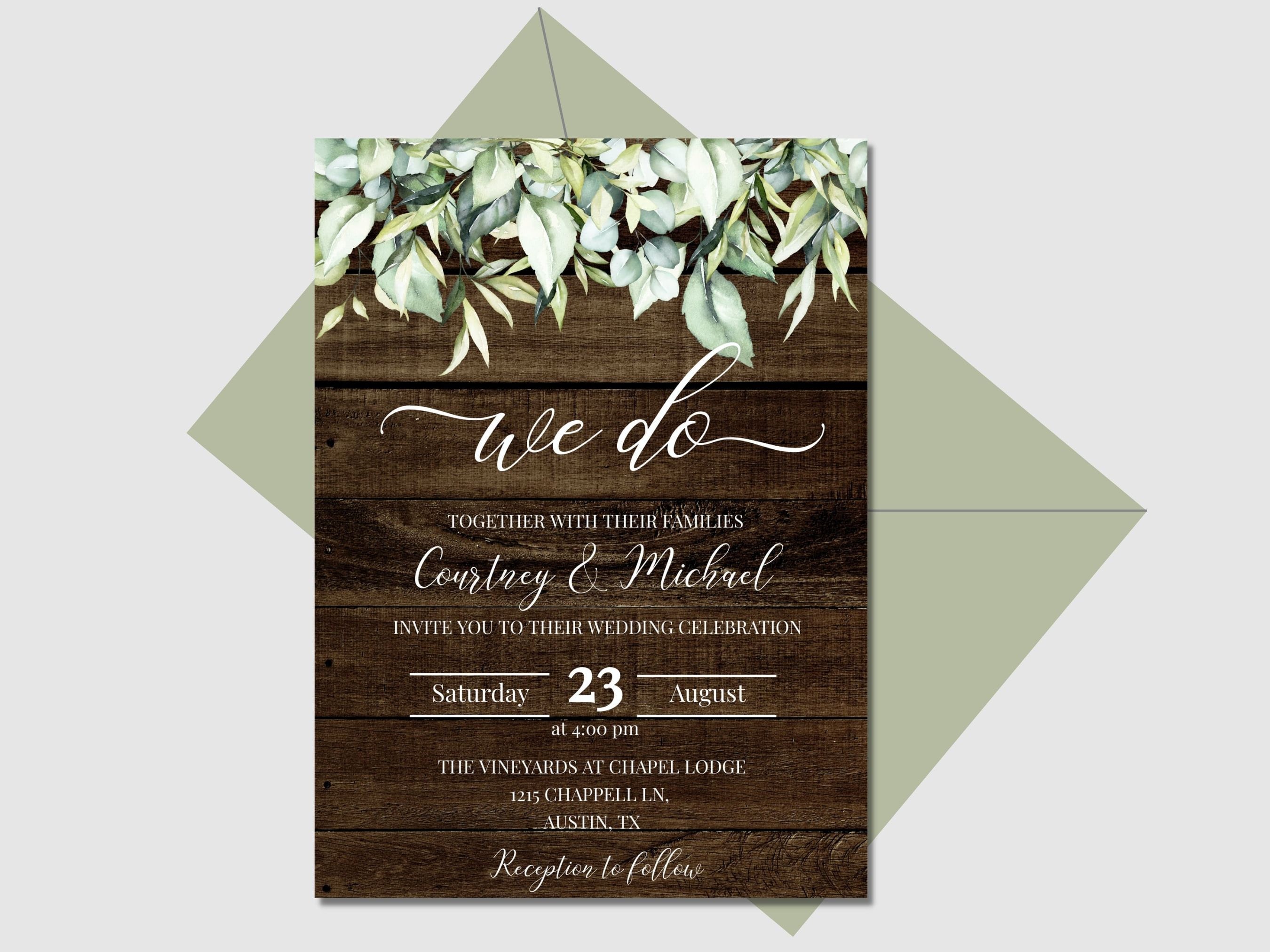 Wooden Greenery Wedding Invitation, Rustic Wood Wedding Invite Template ...