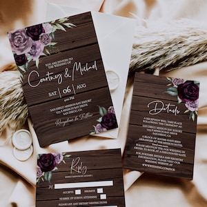 Rustic Purple Wooden Wedding Invitation Set, Deep Purple and Mauve ...