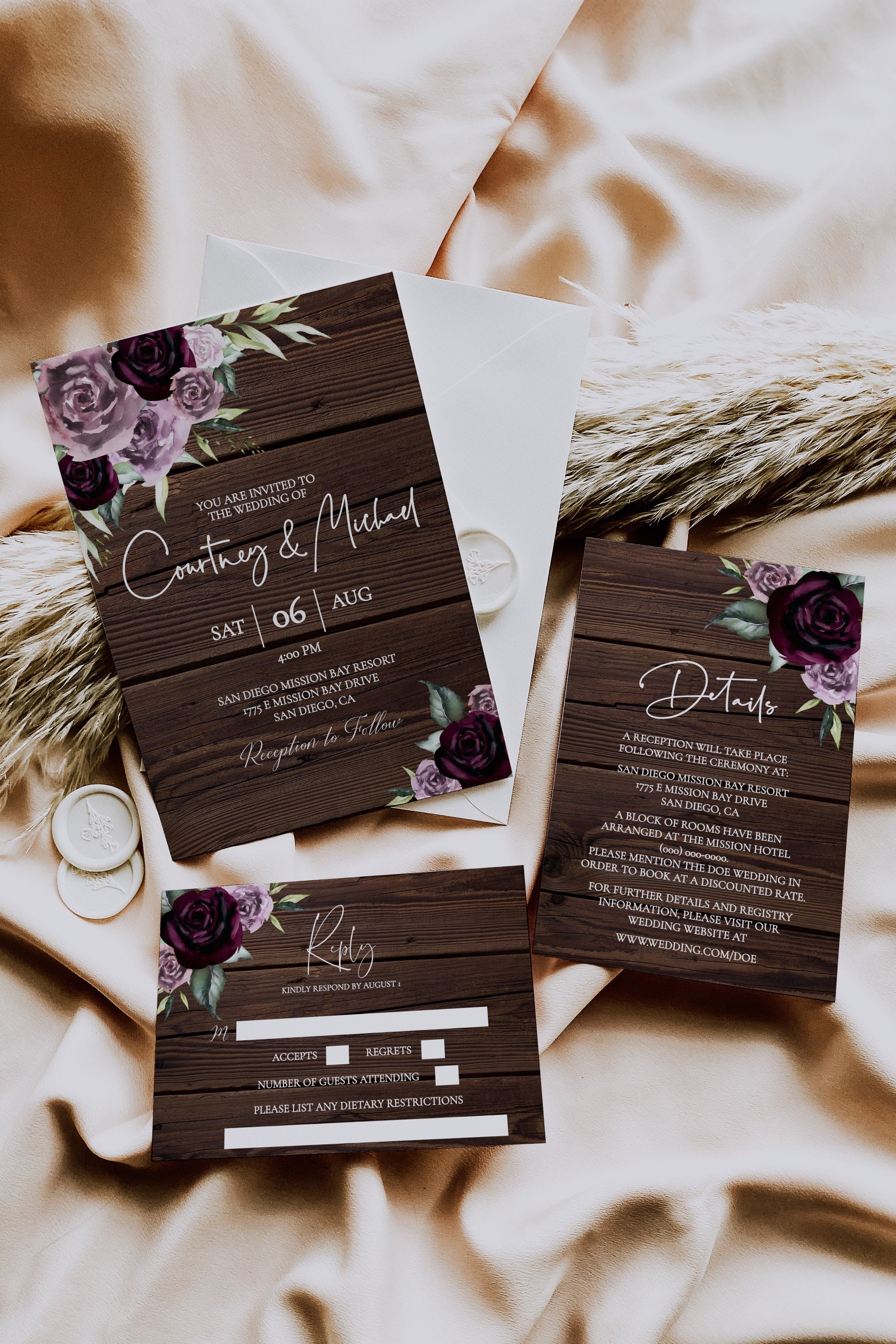 Rustic Purple Wooden Wedding Invitation Set, Deep Purple and Mauve ...