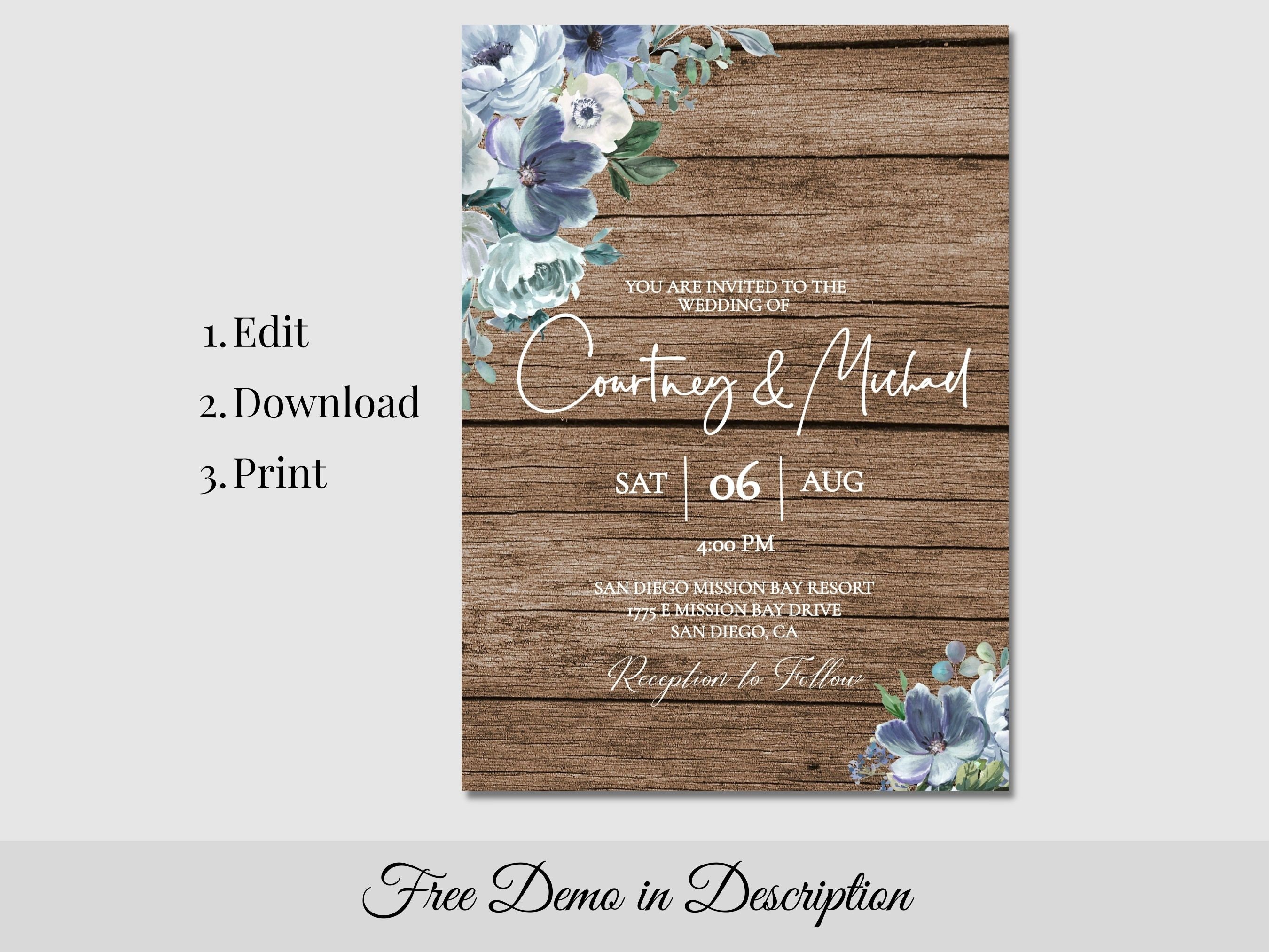 Rustic Dusty Blue Wooden Wedding Invitation Template, Printable Blue ...