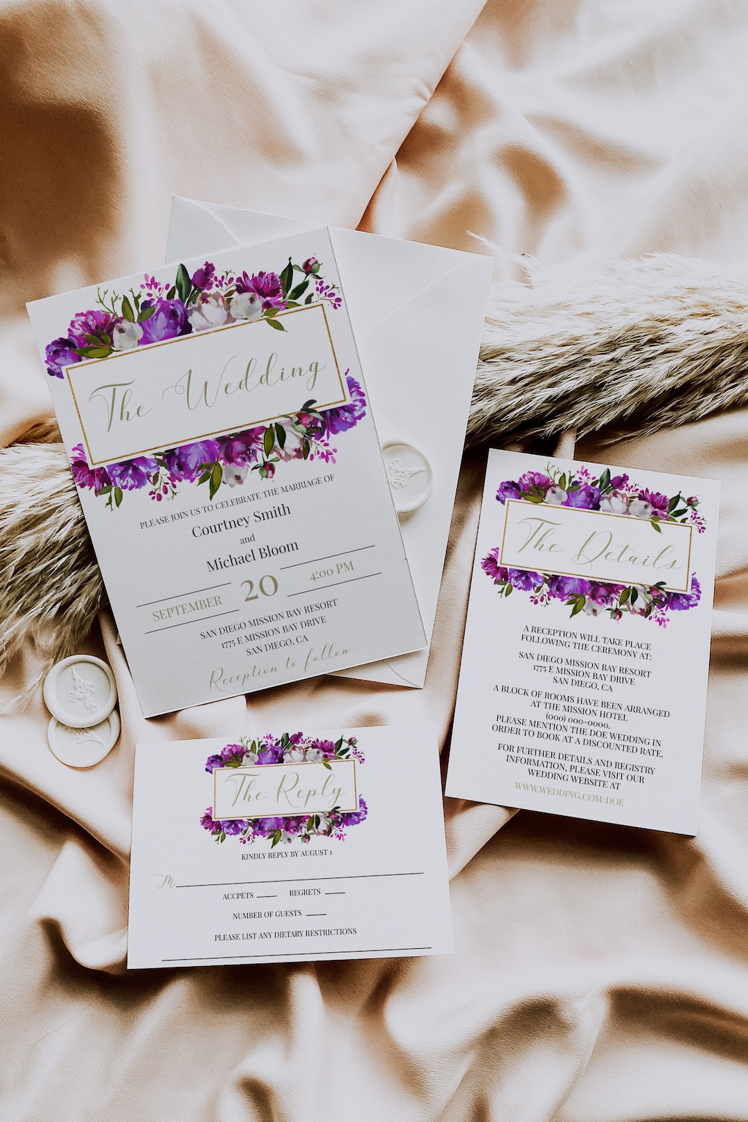 Purple and Pink Wedding Invitation, Bright Purple Wedding Invite Set ...