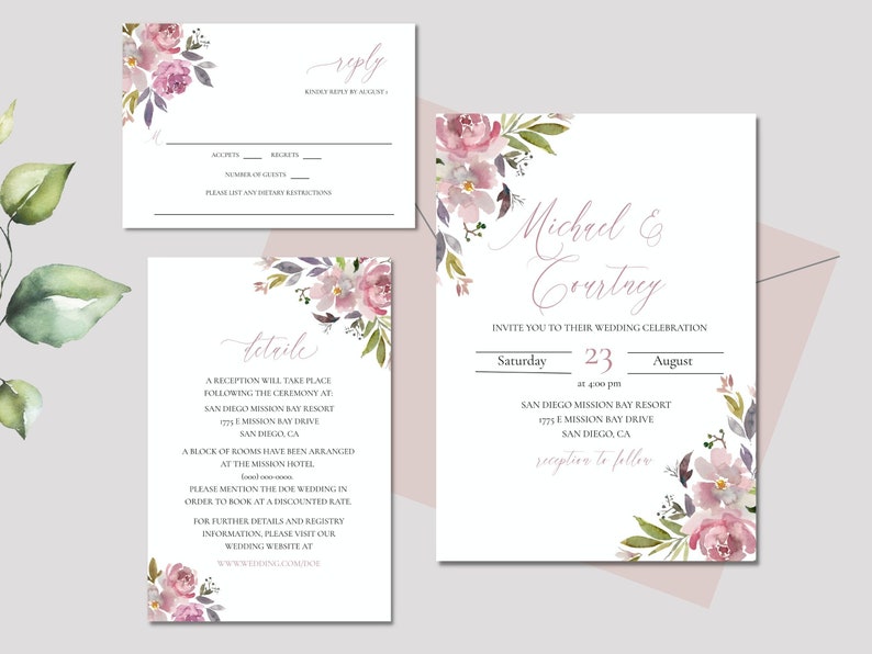Mauve Wedding Invitation Set, Printable Dusty Pink Wedding Invite, RSVP ...