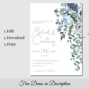 Dusty Blue Floral Mega Wedding Invitation Bundle, Light Blue and Gold ...