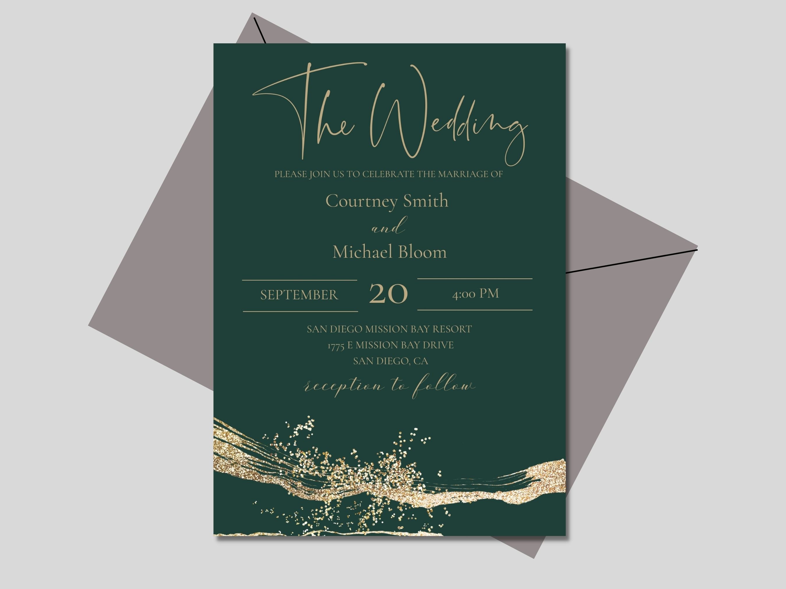Emerald and Gold Wedding Invitation Set, Printable Dark Green Wedding ...