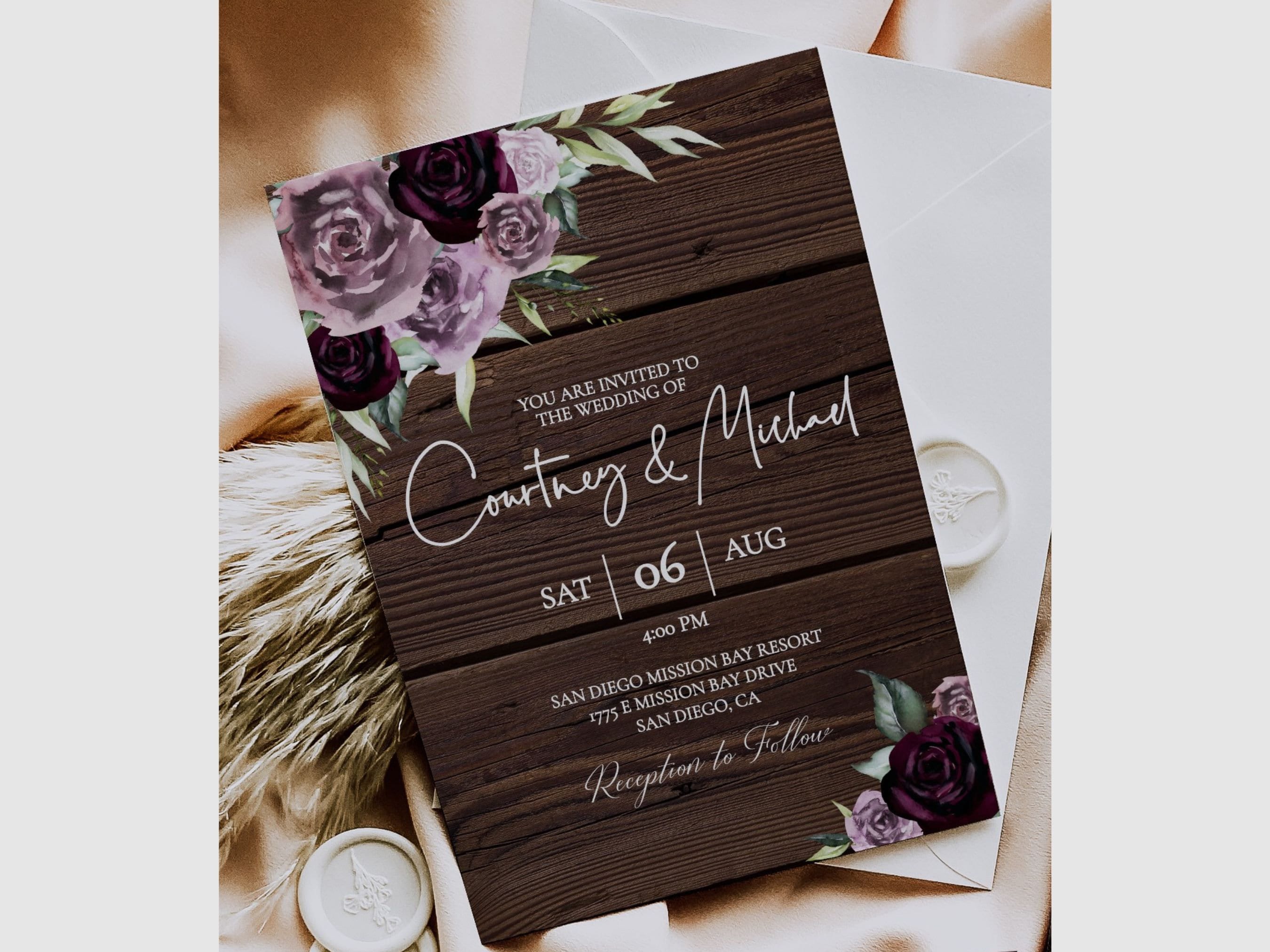 Rustic Purple Floral Wooden Invitation, Printable Pale Purple and Plum ...