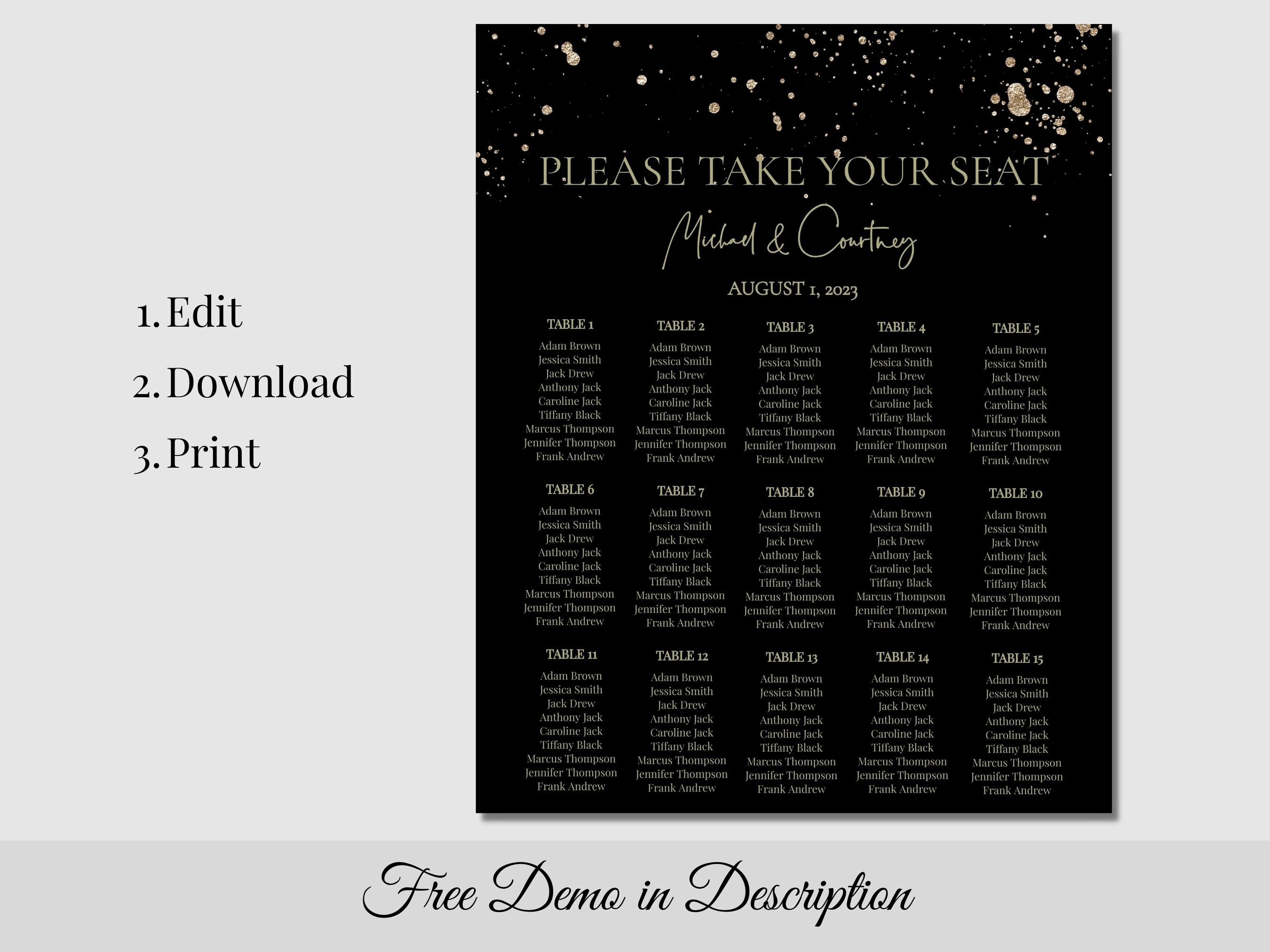 Black and Gold Wedding Seating Chart Template Elegant Black - Etsy