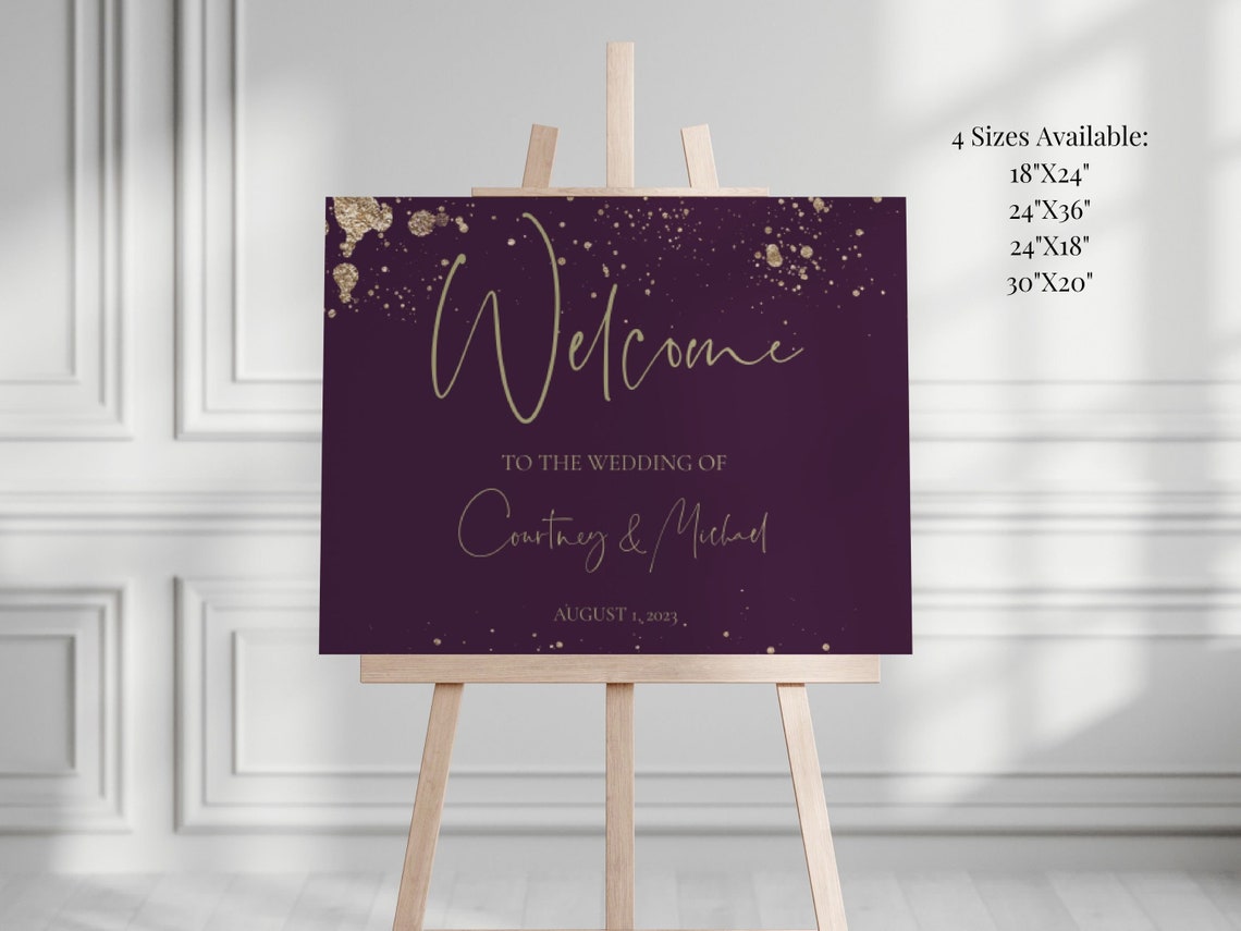 Deep Purple and Gold Wedding Welcome Sign Template, Dark Plum Wedding ...