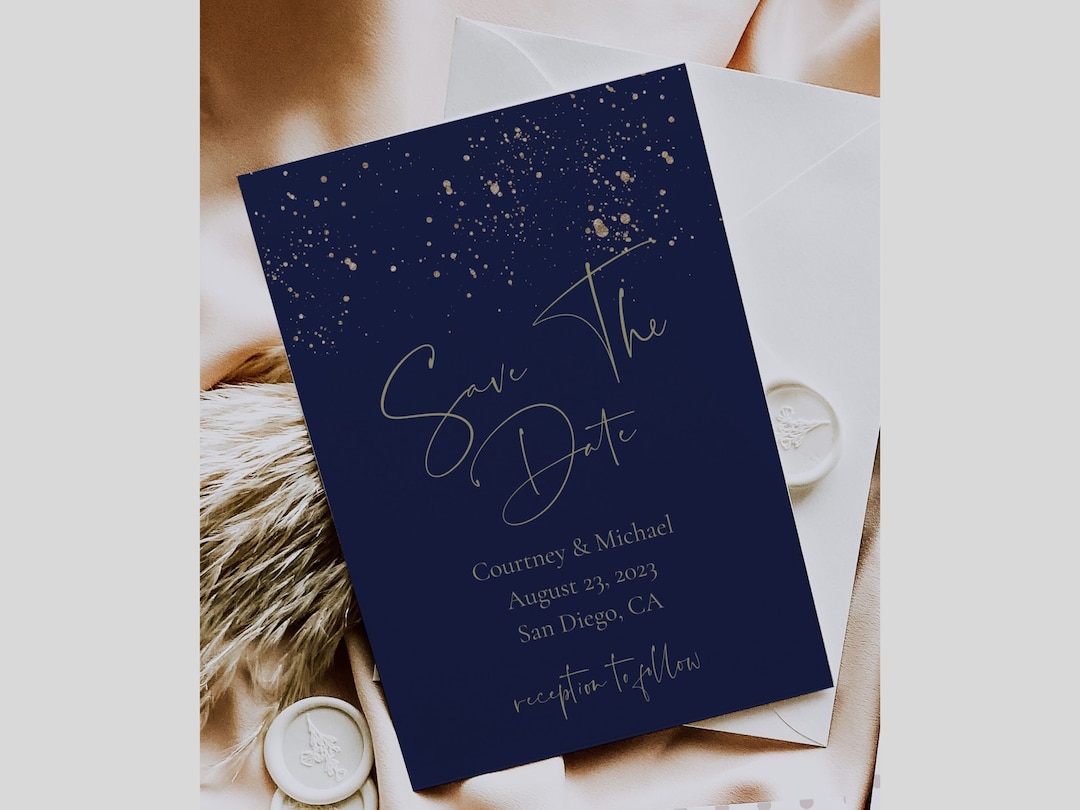 Dark Navy Save the Date, Deep Blue and Gold Wedding Template, Printable ...
