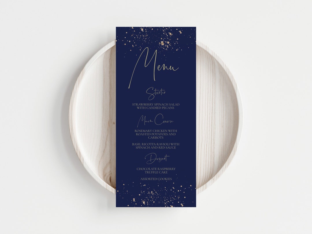 Navy Blue and Gold Wedding Menu Template, Printable Dark Blue Wedding ...