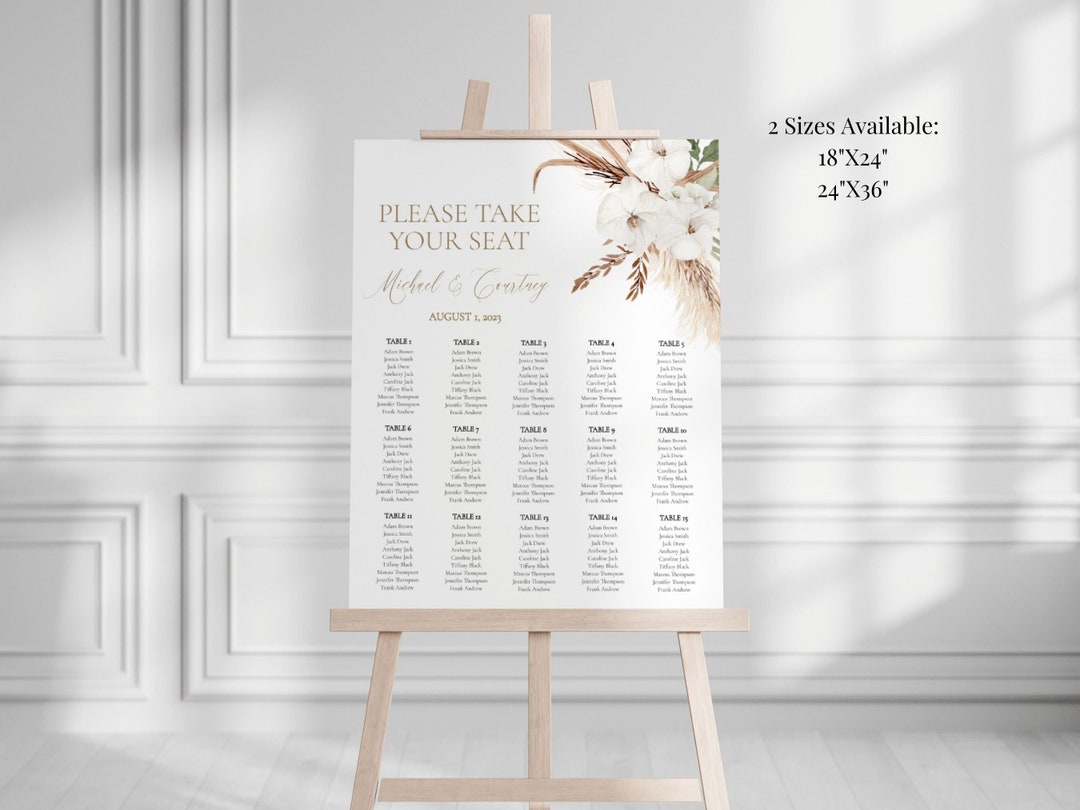 Boho Chic Wedding Seating Chart Template, Rust and White Floral ...