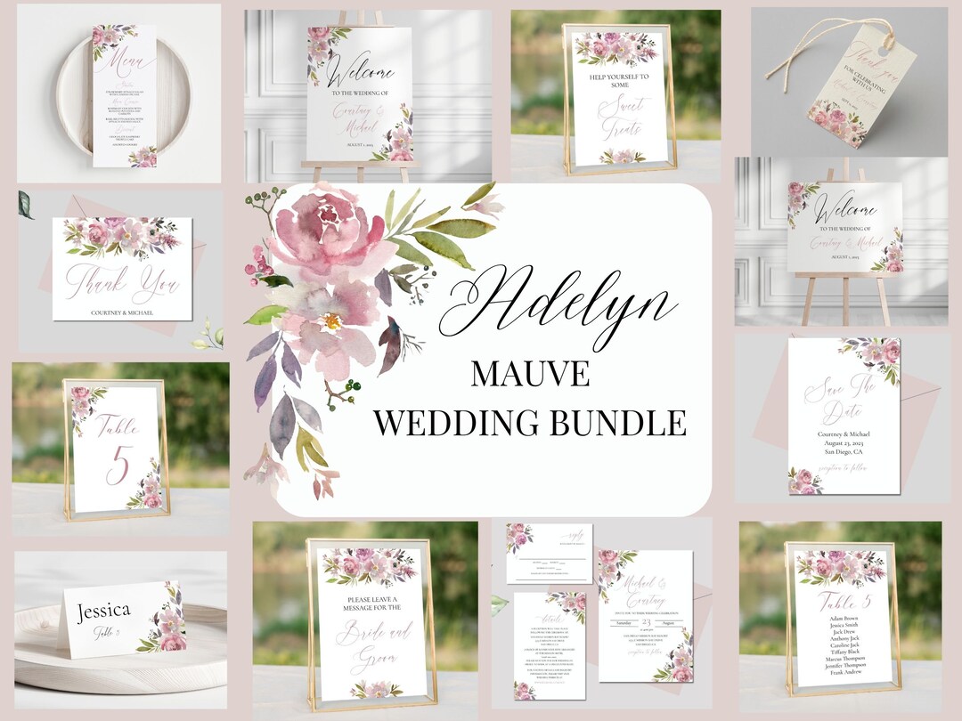 Mauve Large Wedding Invitation Bundle Template, Dusty Mauve Floral ...