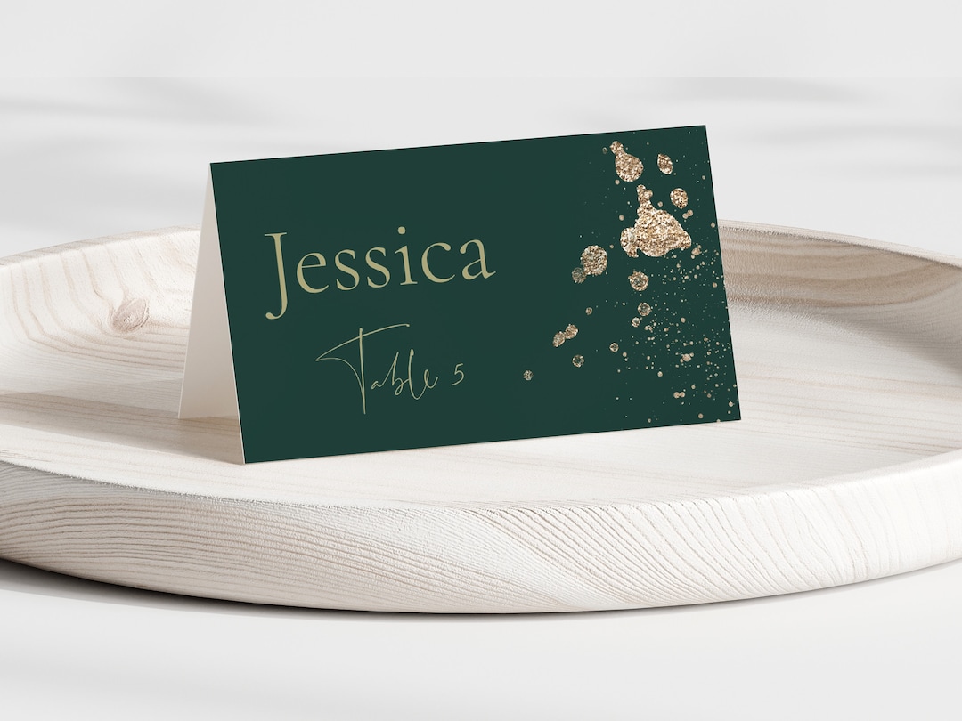 Emerald Green and Gold Wedding Name Card Template, Deep Green and Gold ...