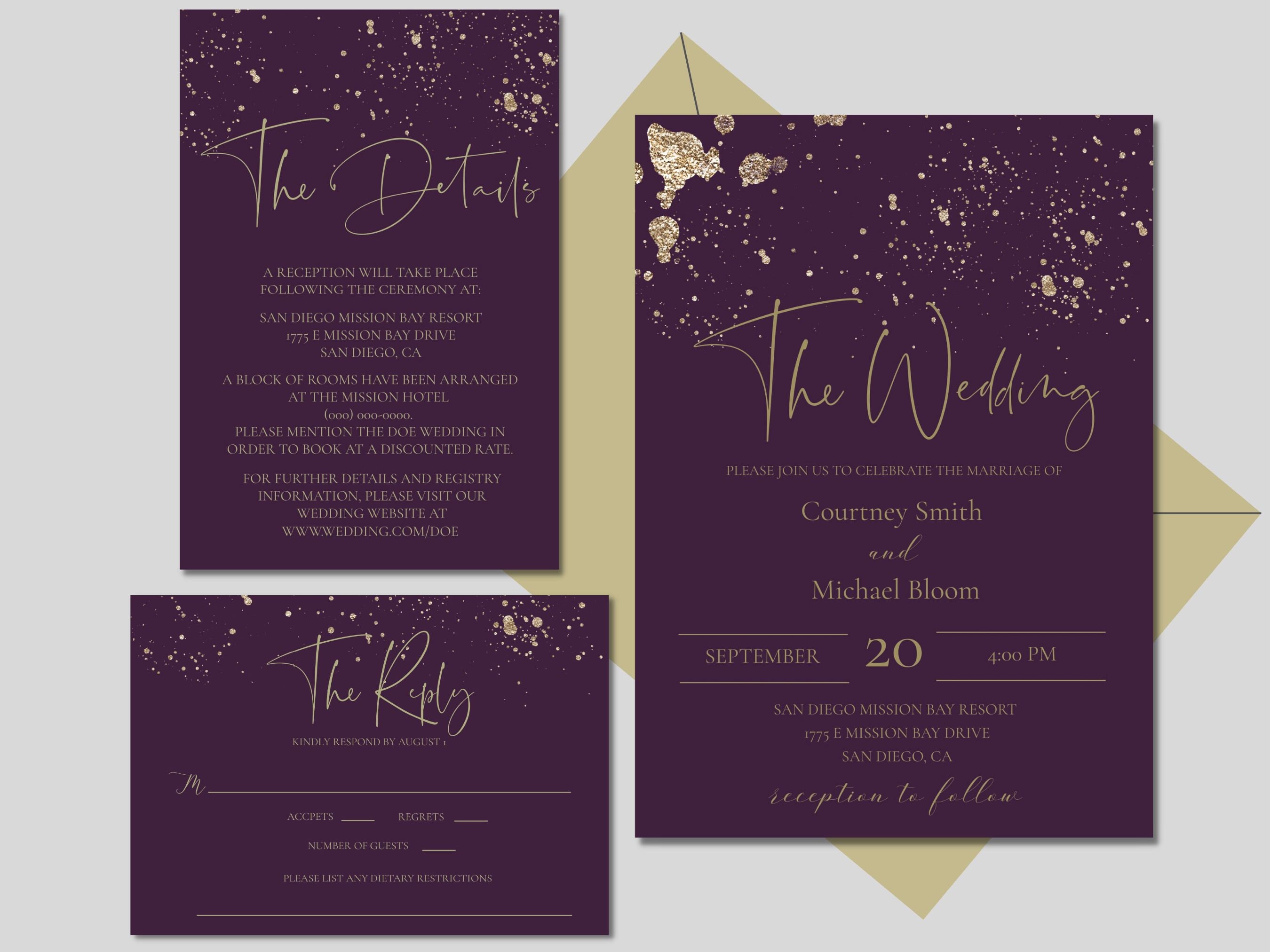 Dark Purple and Gold Wedding Invitation Set Deep Plum Wedding - Etsy