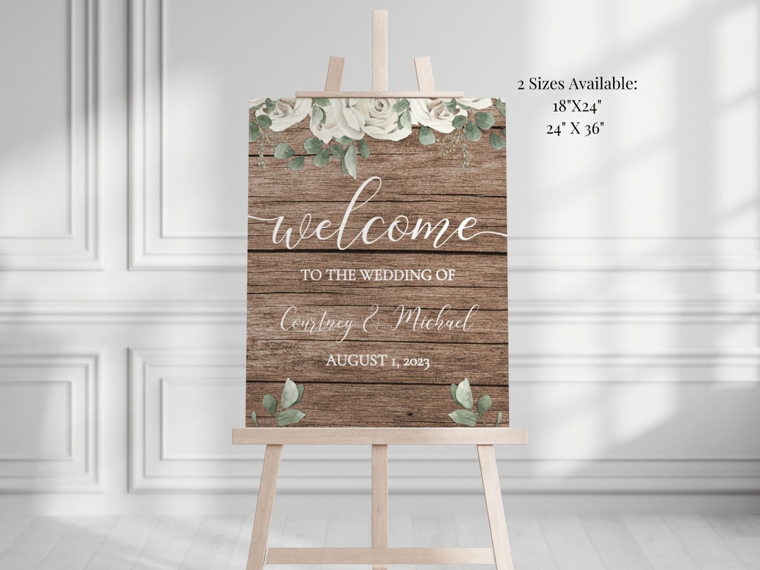 Rustic Wooden Wedding Welcome Sign Template, Printable White Floral and ...