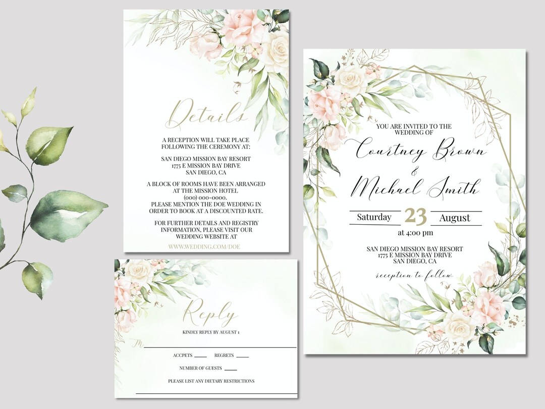 Blush and Sage Wedding Invitation Bundle, Pink and Gold Invite Template ...