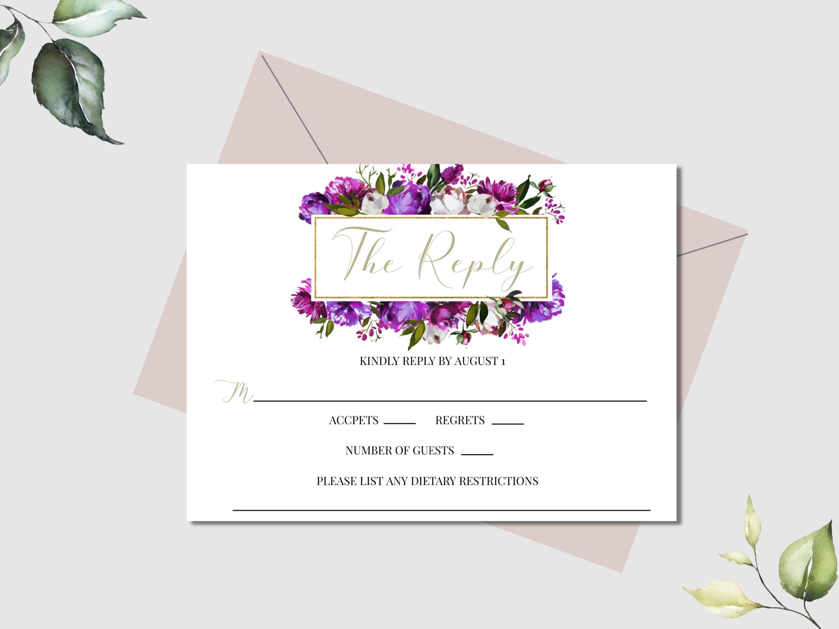 Purple and Pink Wedding Invitation, Bright Purple Wedding Invite Set ...