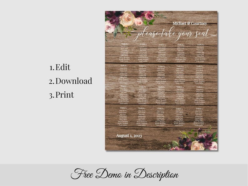 Rustic Wooden Wedding Seating Chart Template Printable Wine - Etsy