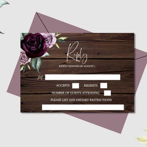 Rustic Purple Wooden Wedding Invitation Set, Deep Purple and Mauve ...