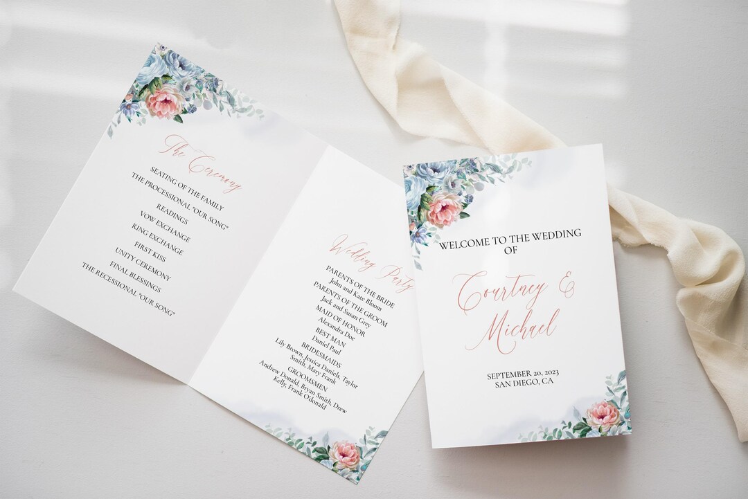 Blue and Pink Floral Wedding Program Template, 5.5X 8.5 Printable Light ...
