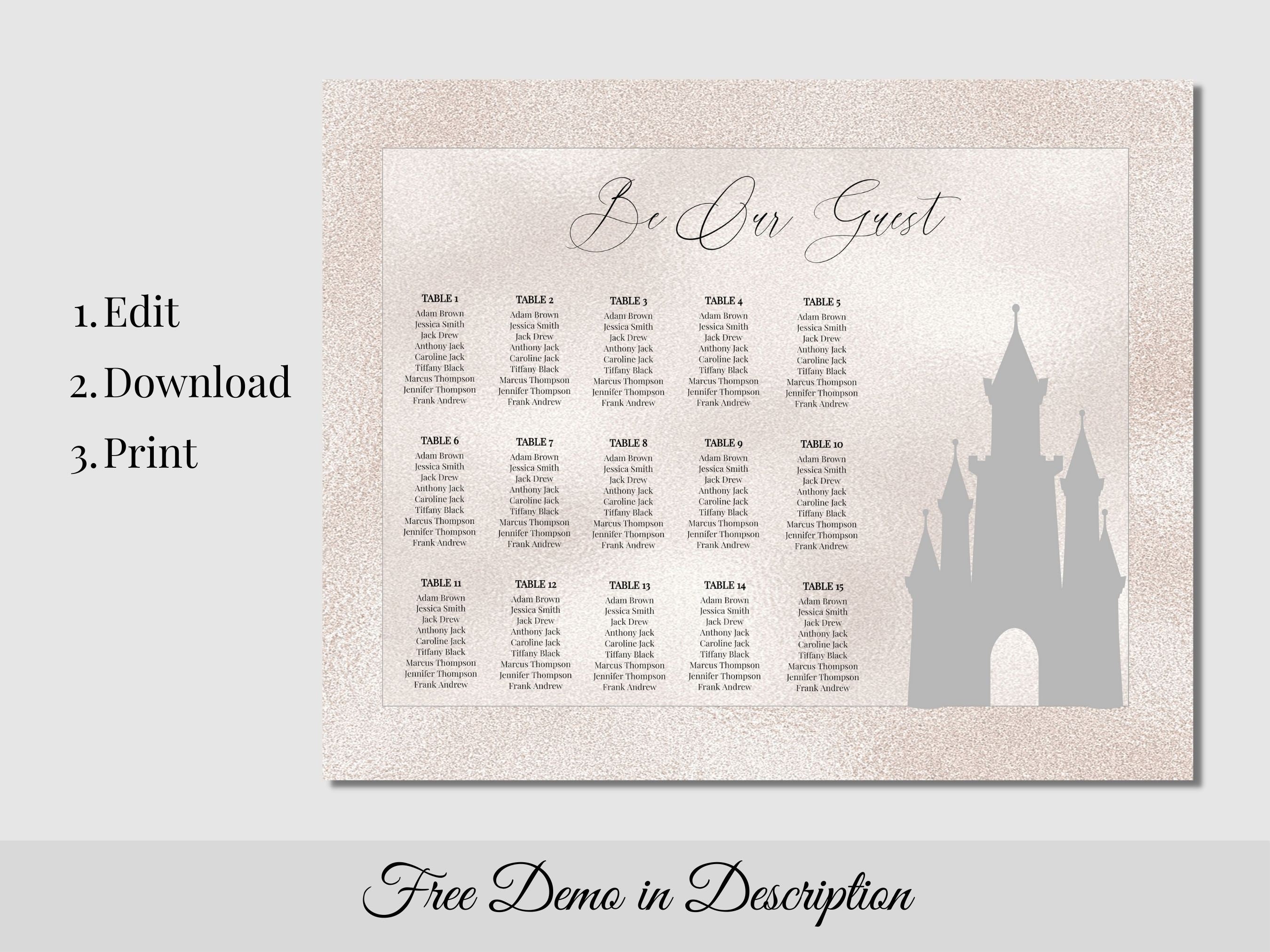 Silver Glitter Castle Seating Chart Template, Disneyland Castle ...