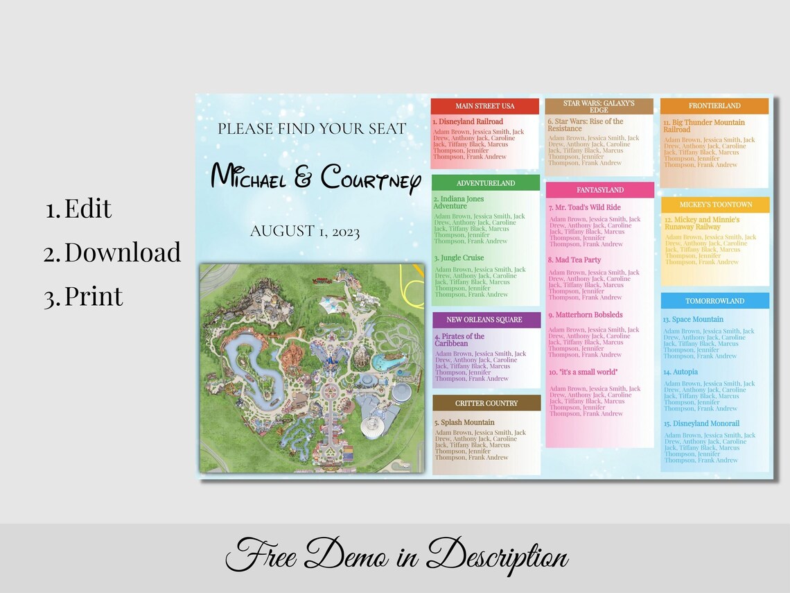 Disneyland Park Map Seating Chart and Table Numbers, Printable Wedding ...