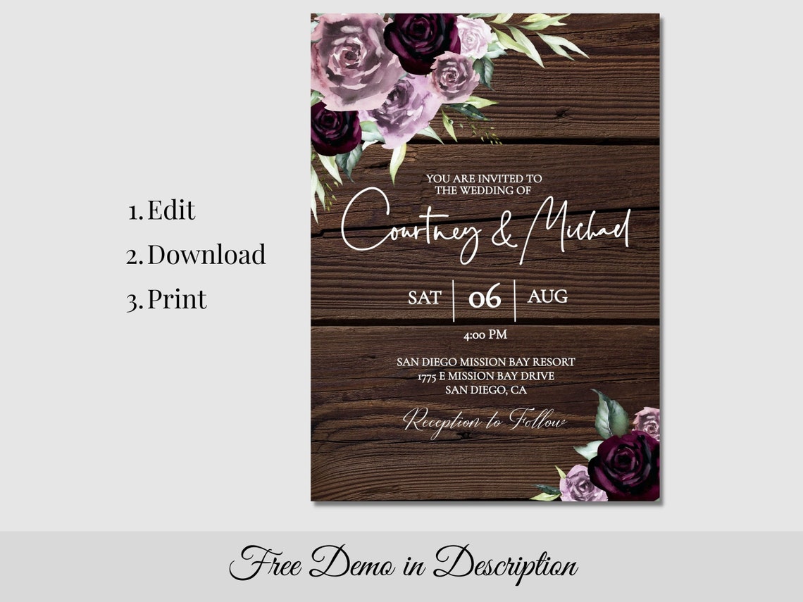Rustic Purple Wooden Wedding Invitation Set Deep Purple and - Etsy