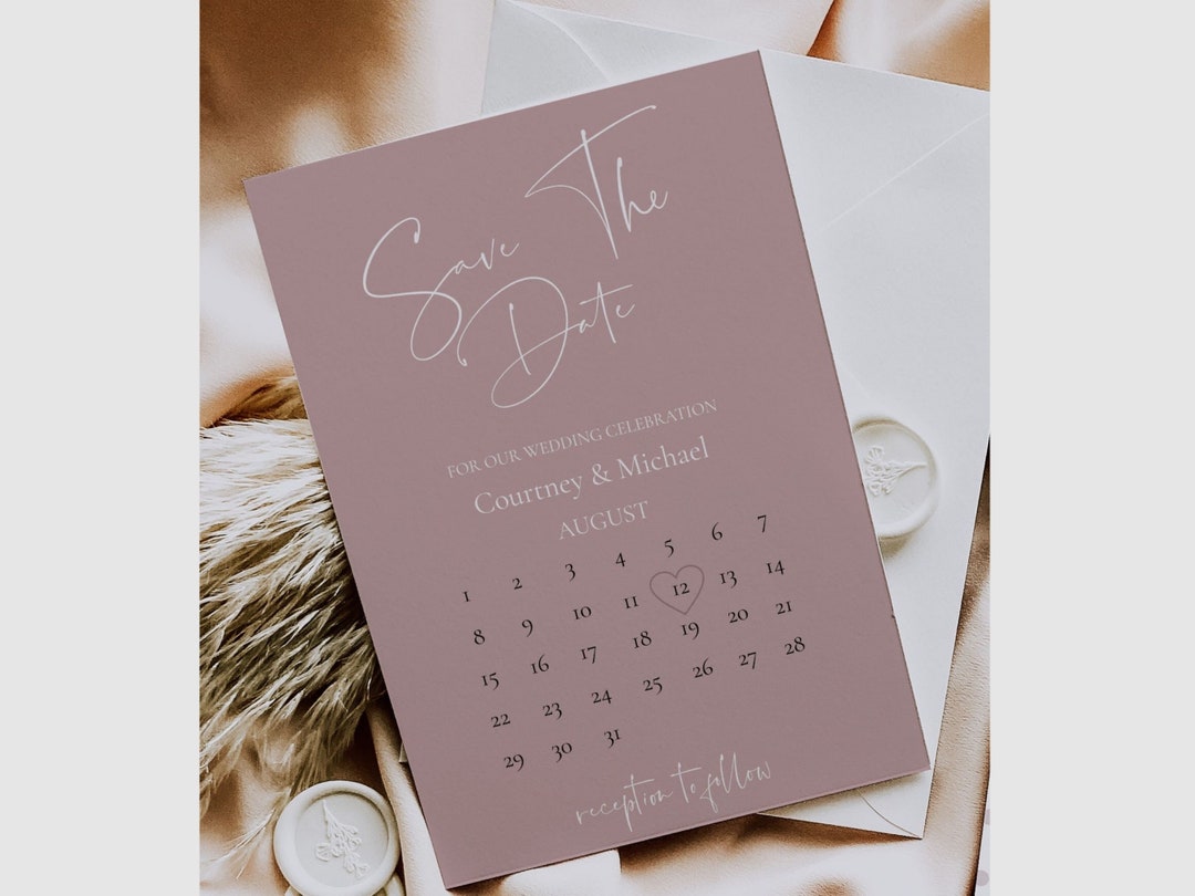 Dusty Pink Calendar Save the Date Template, Soft Pink and White Wedding ...