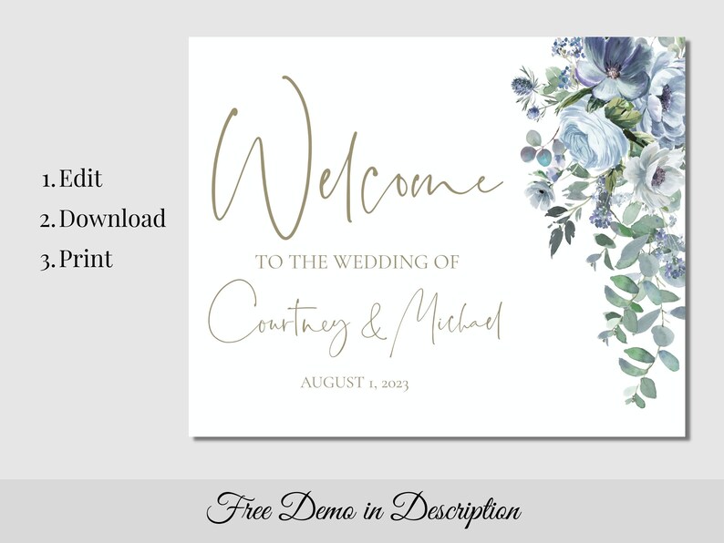 Dusty Blue Floral Wedding Welcome Sign Template, Printable Pale Blue ...