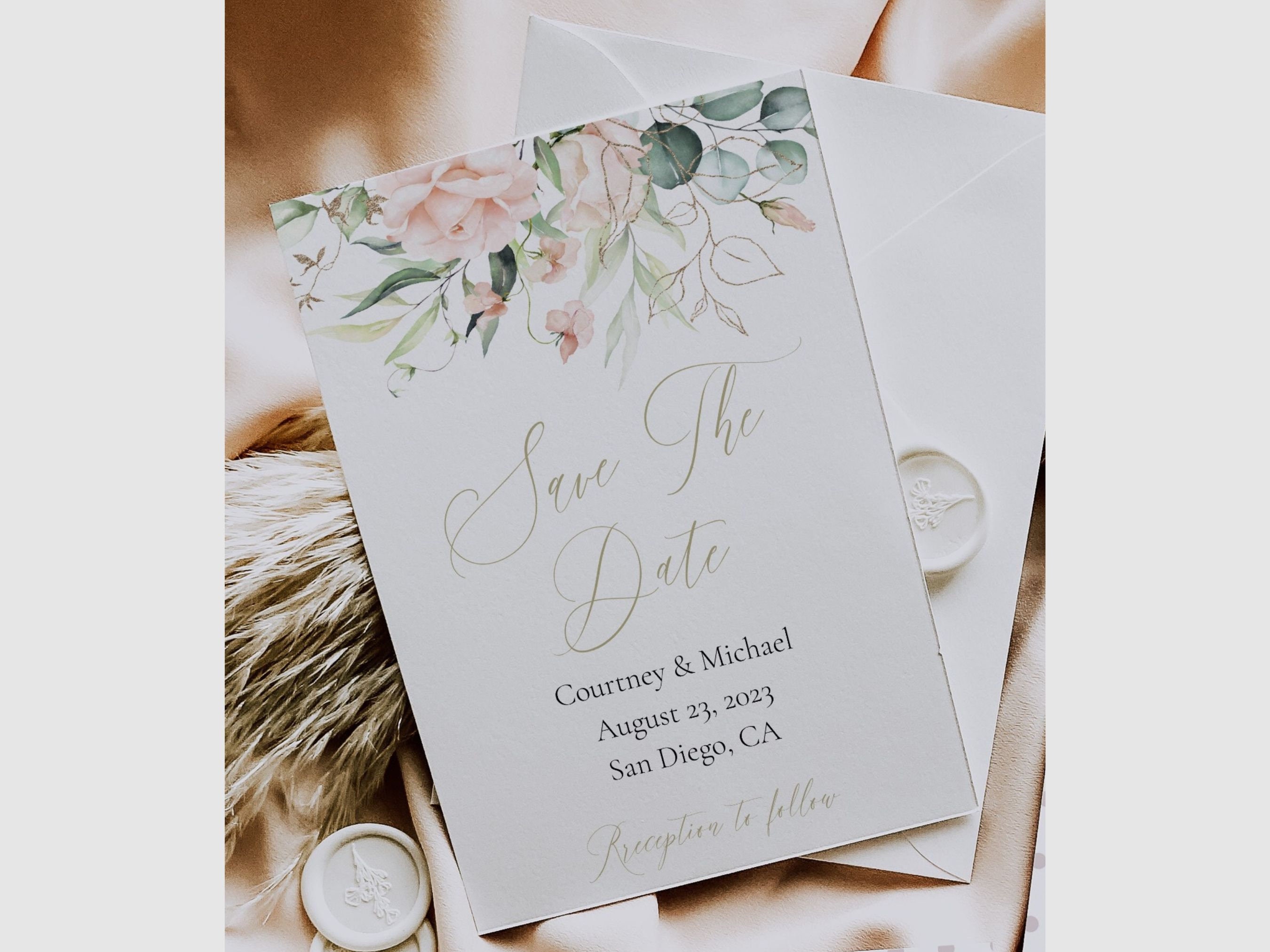 Blush and Sage Save the Date Template, Light Pink and Greenery Wedding ...