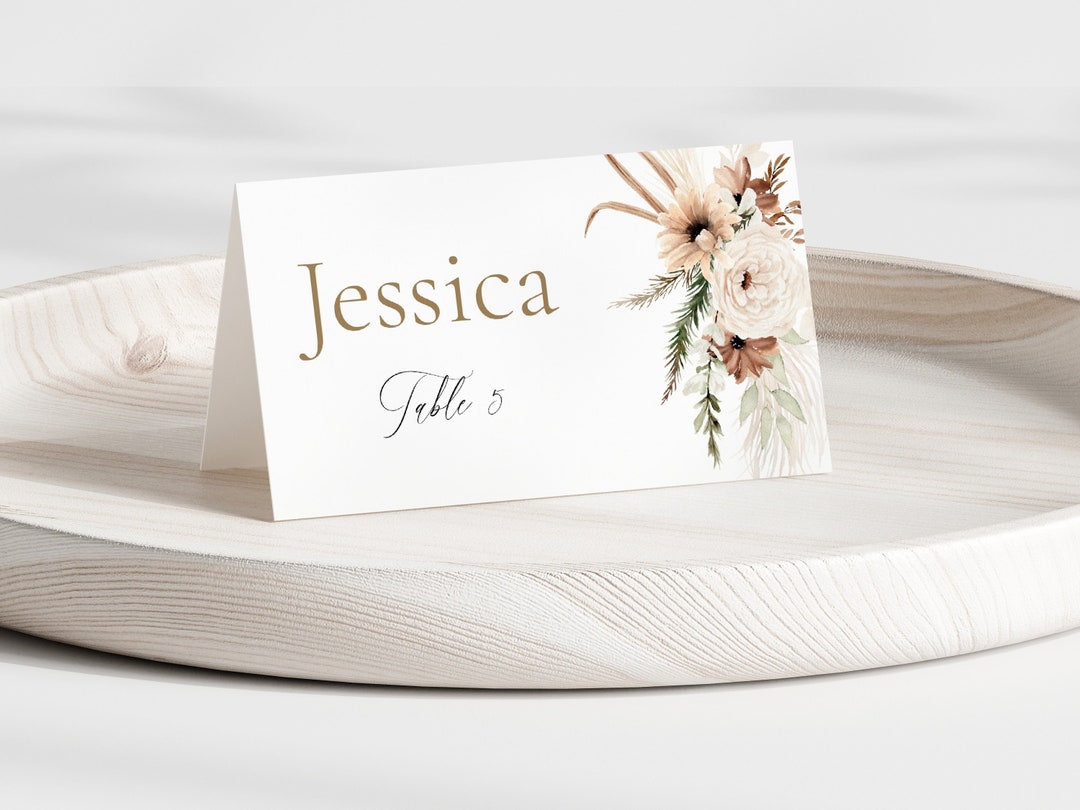 Rust Boho Chic Wedding Name Card Template, White Floral Bohemian ...