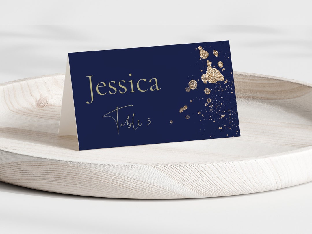 Navy Blue and Gold Wedding Name Card Template, Dark Blue Printable ...